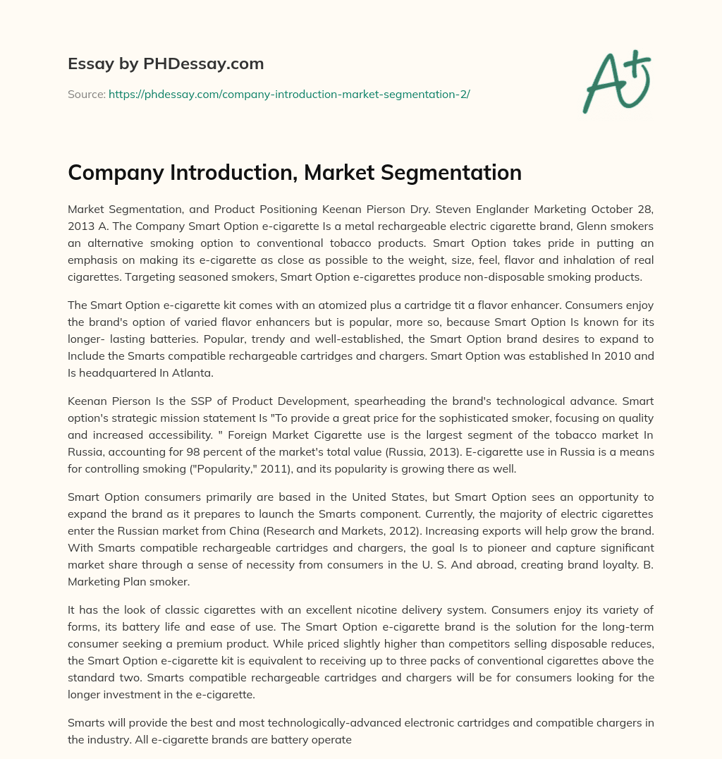 Company Introduction, Market Segmentation - PHDessay.com