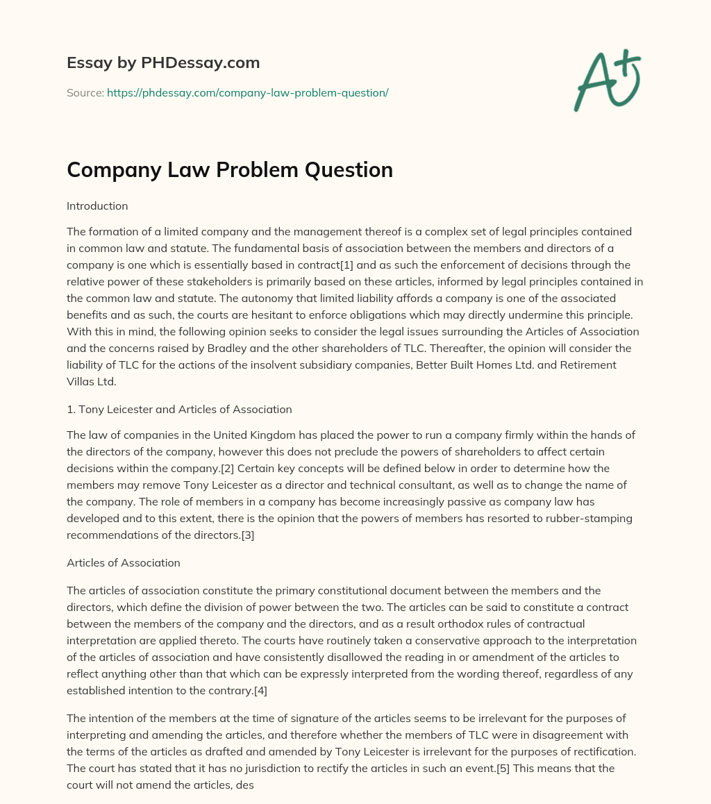 Company Law Problem Question - PHDessay.com