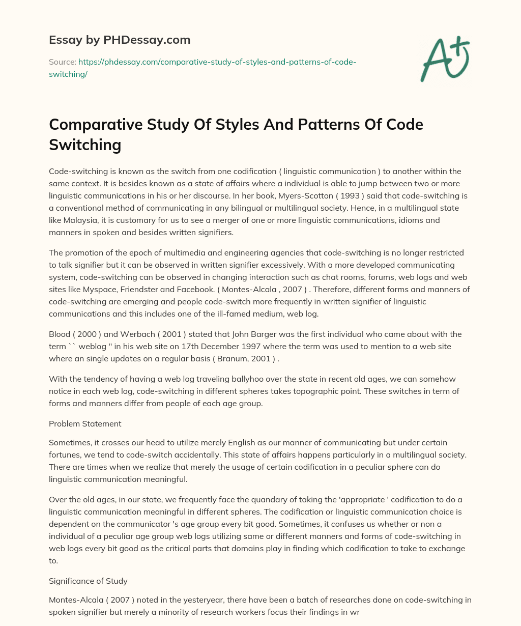 Comparative Study Of Styles And Patterns Of Code Switching - PHDessay.com