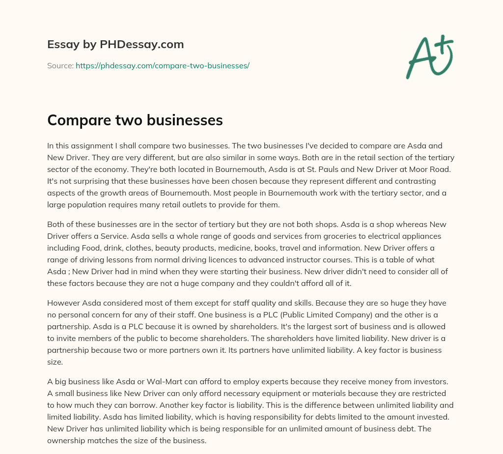 Compare two businesses (400 Words) - PHDessay.com