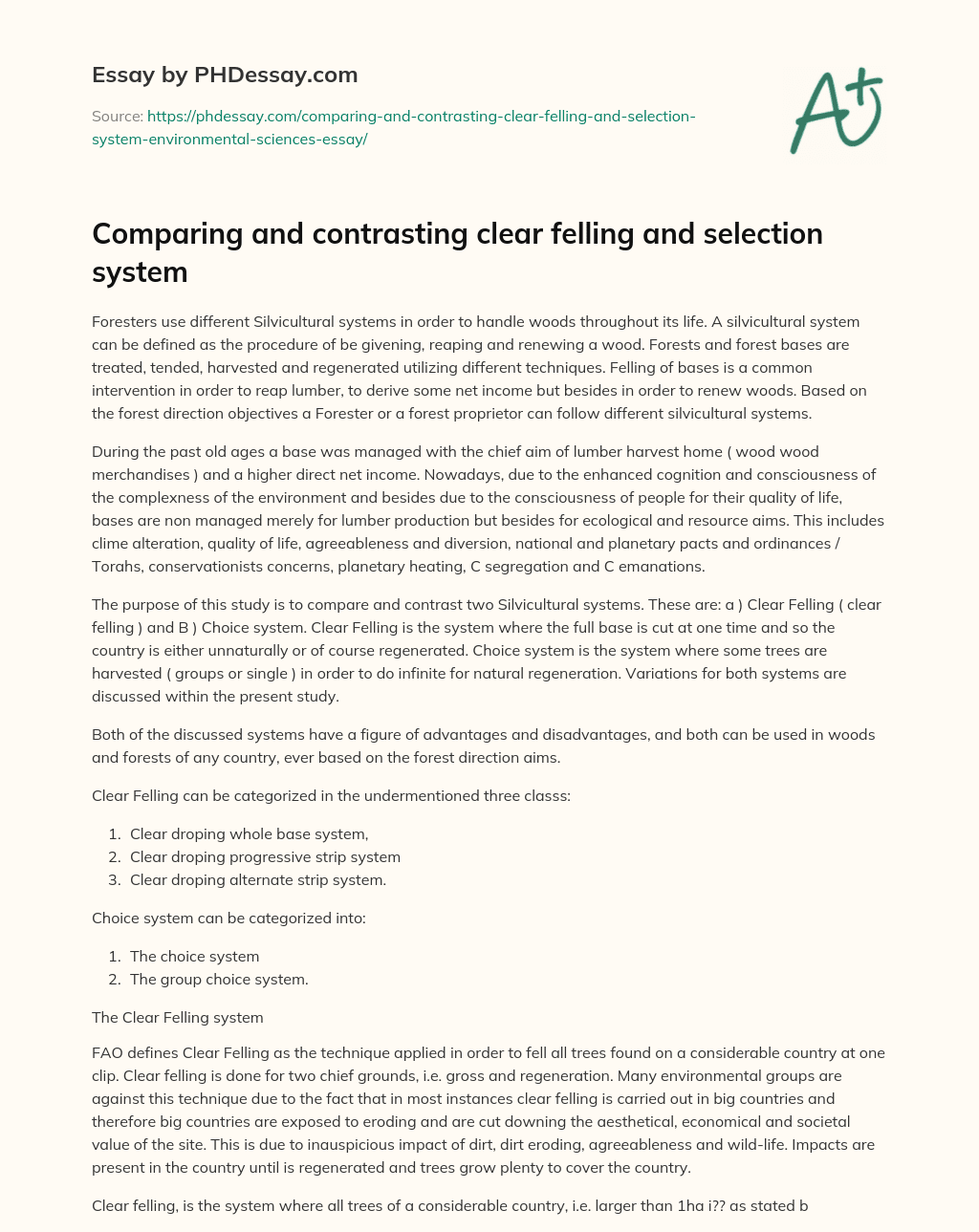 Comparing and contrasting clear felling and selection system - PHDessay.com