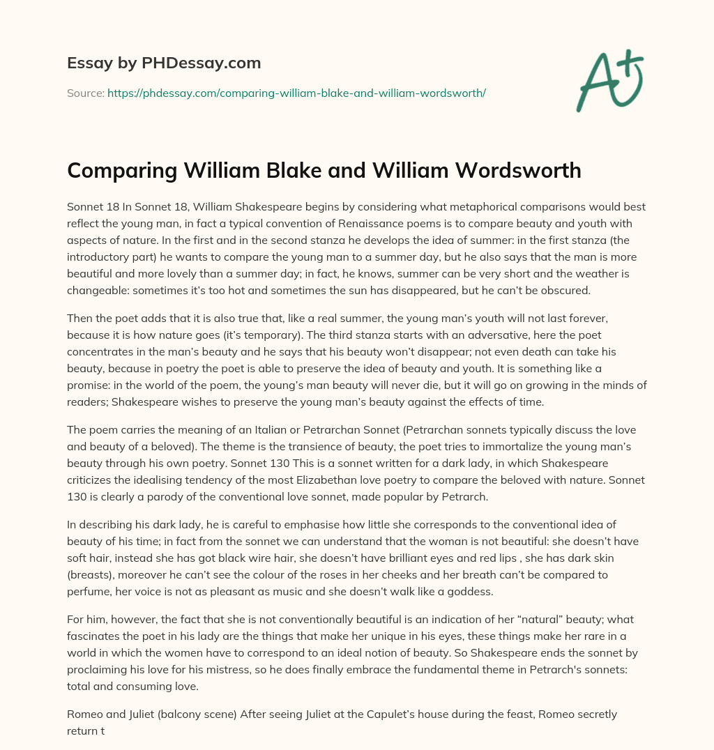 Comparing William Blake and William Wordsworth - PHDessay.com
