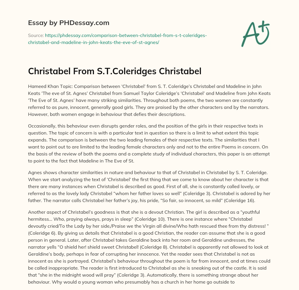 Christabel From S.T.Coleridges Christabel - PHDessay.com