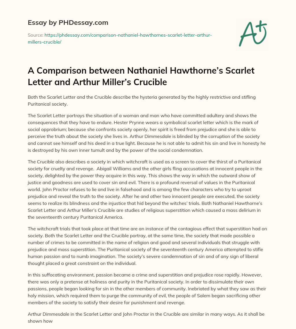 A Comparison between Nathaniel Hawthorne’s Scarlet Letter and Arthur ...