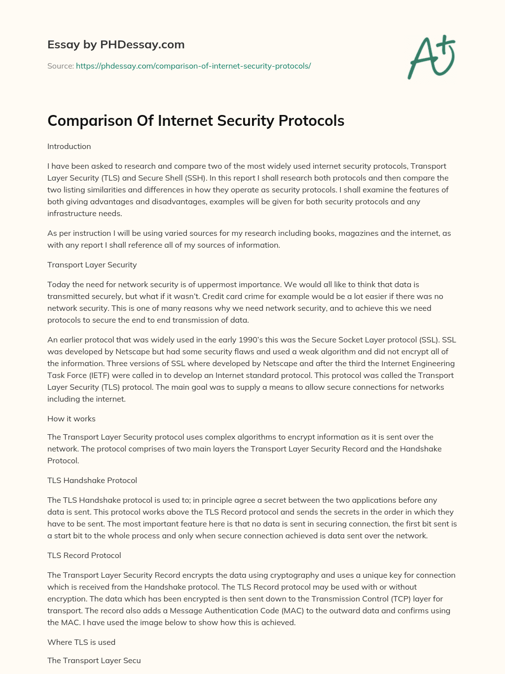 Comparison Of Internet Security Protocols - PHDessay.com