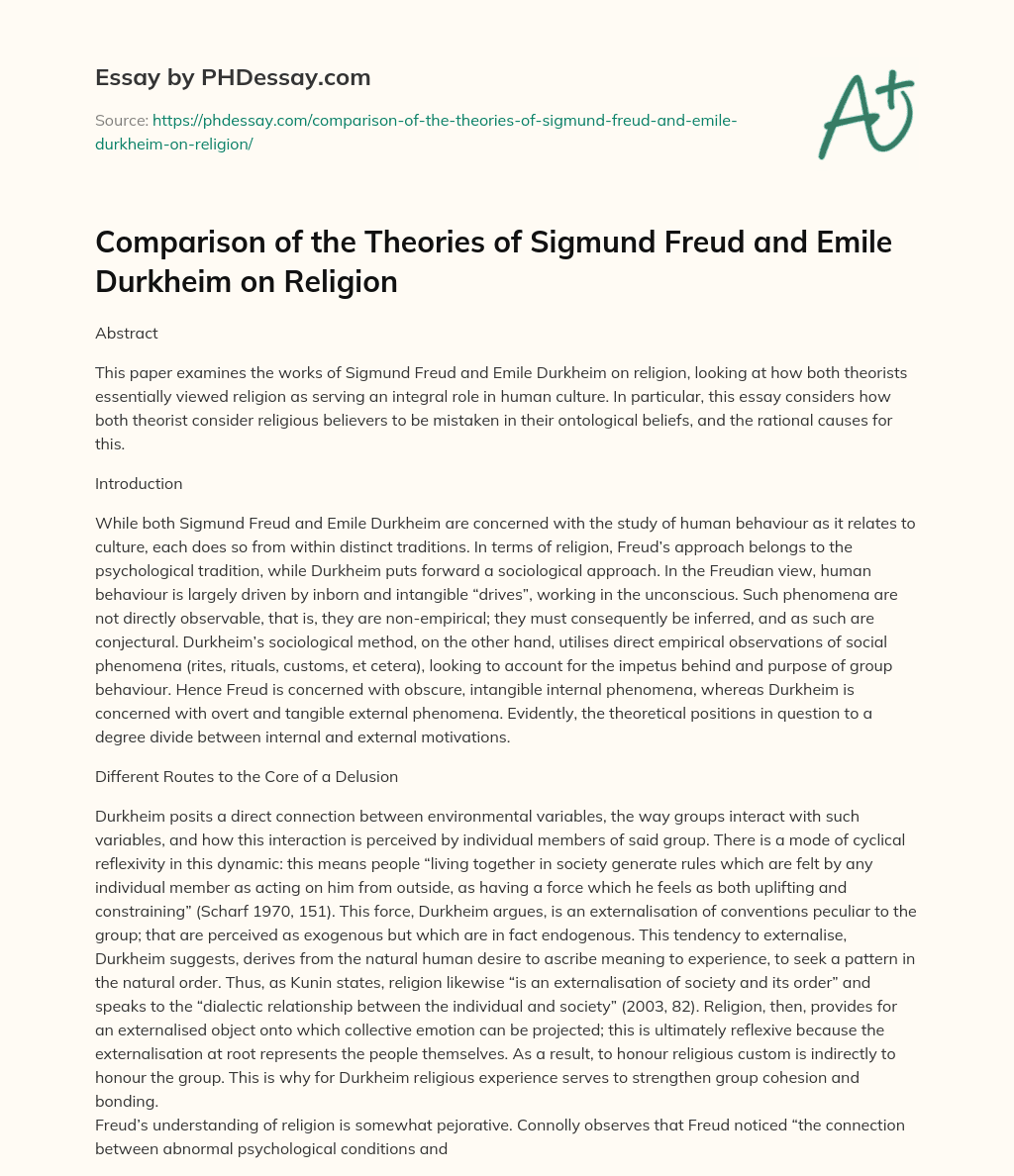 Comparison of the Theories of Sigmund Freud and Emile Durkheim on ...