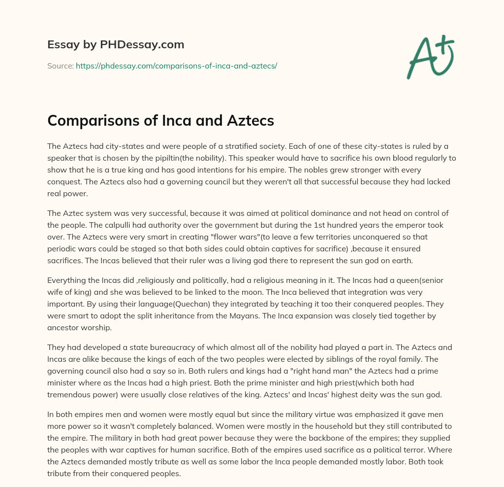 Comparisons of Inca and Aztecs (400 Words) - PHDessay.com
