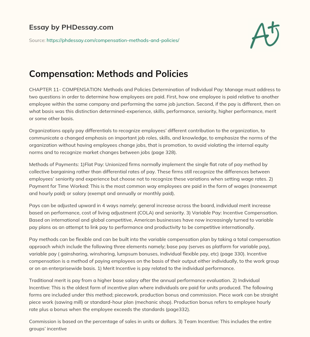 Compensation: Methods and Policies (500 Words) - PHDessay.com