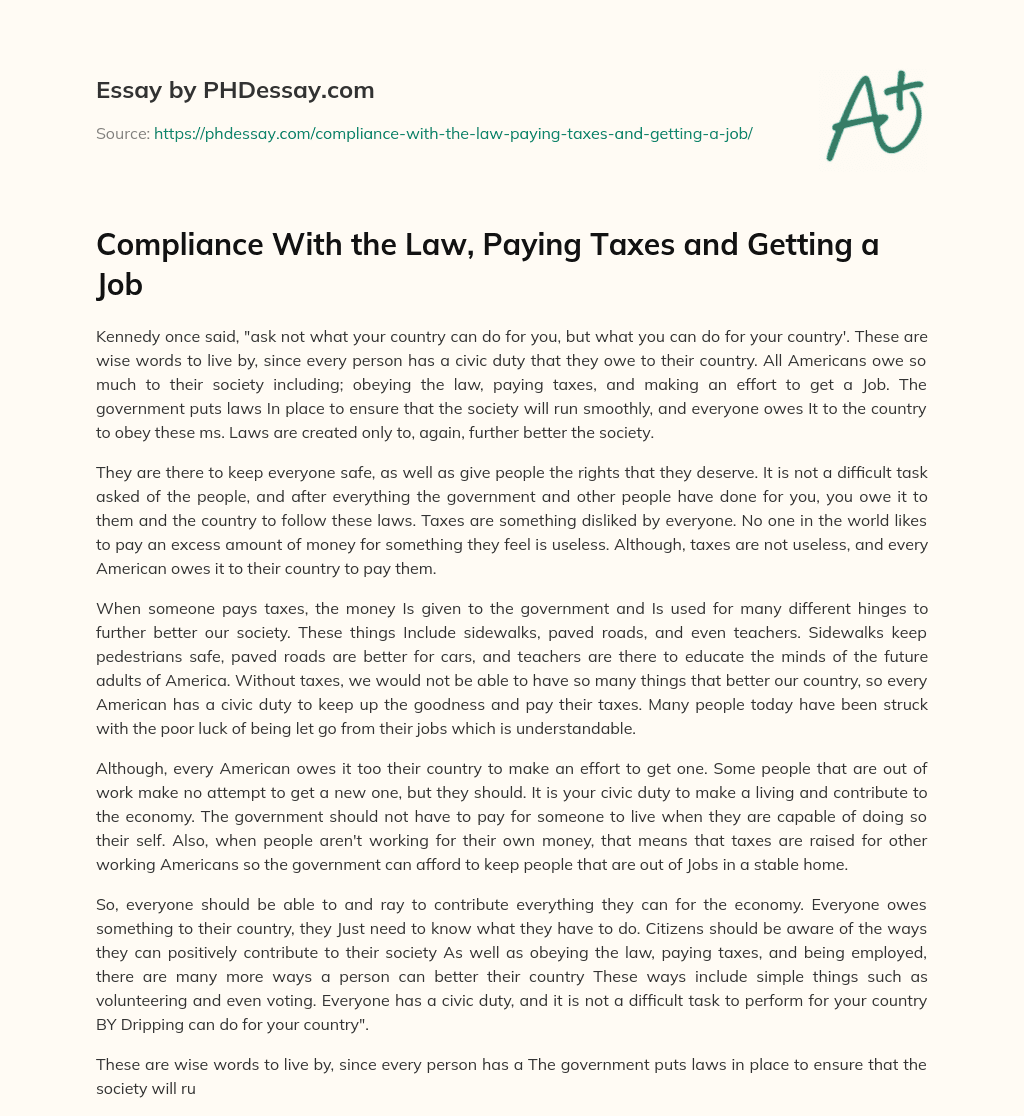 Compliance With the Law, Paying Taxes and Getting a Job (600 Words ...