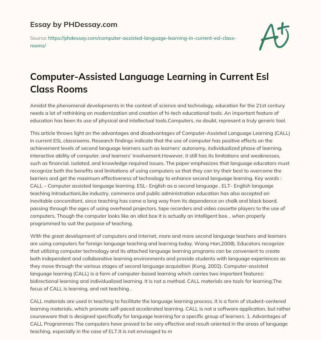 Computer-Assisted Language Learning in Current Esl Class Rooms ...