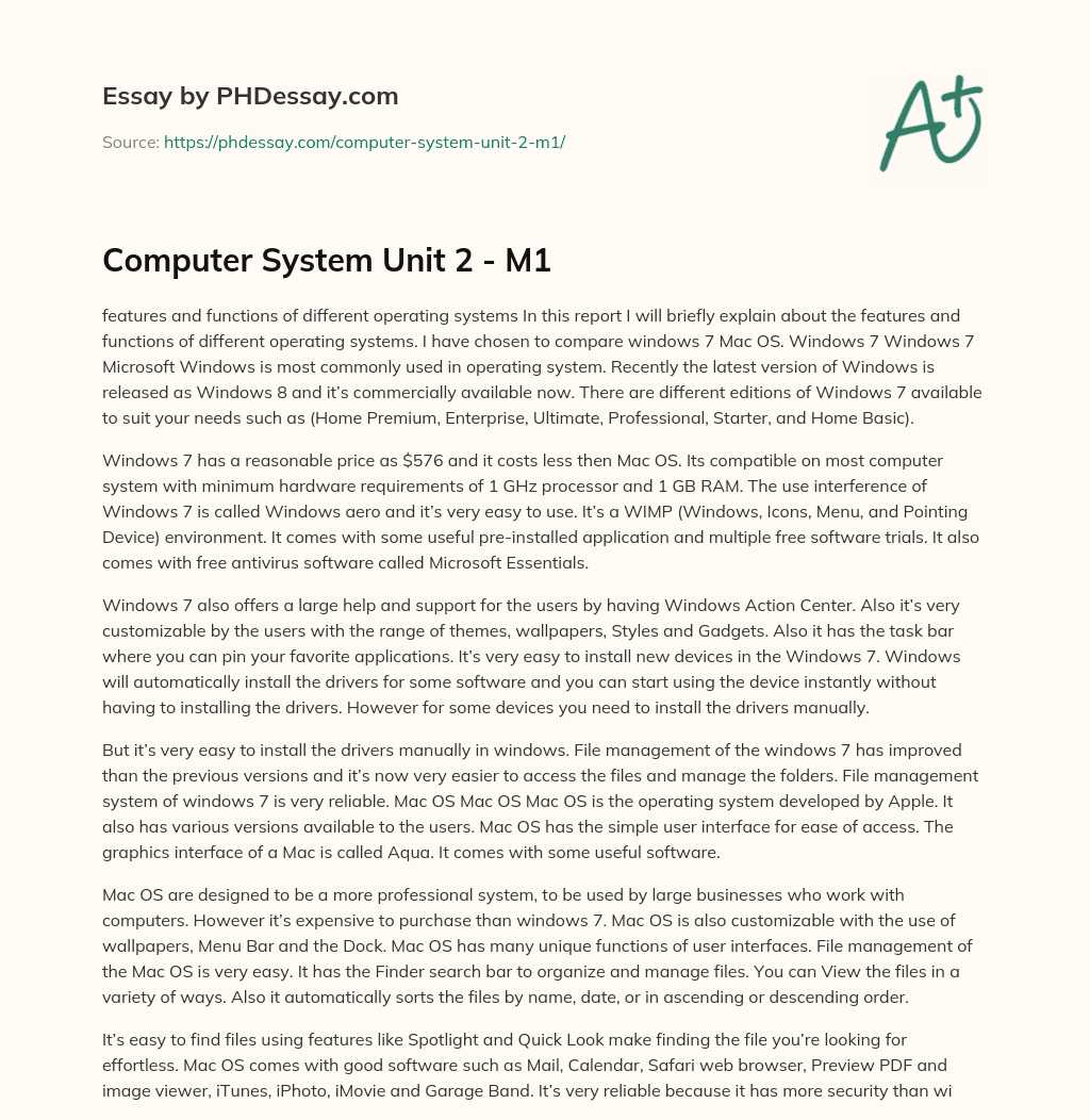 Computer System Unit 2 - M1 (500 Words) - PHDessay.com