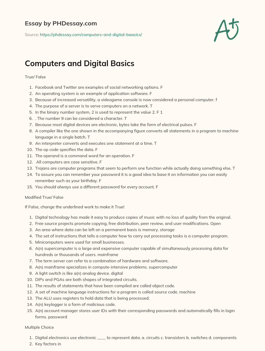 Computers And Digital Basics Personal And Process Example - PHDessay.com