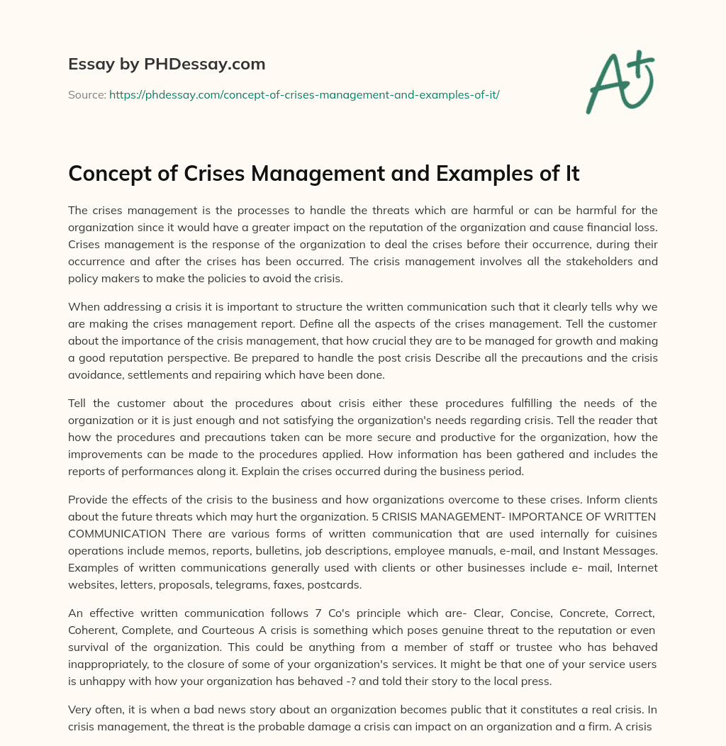 Concept of Crises Management and Examples of It - PHDessay.com