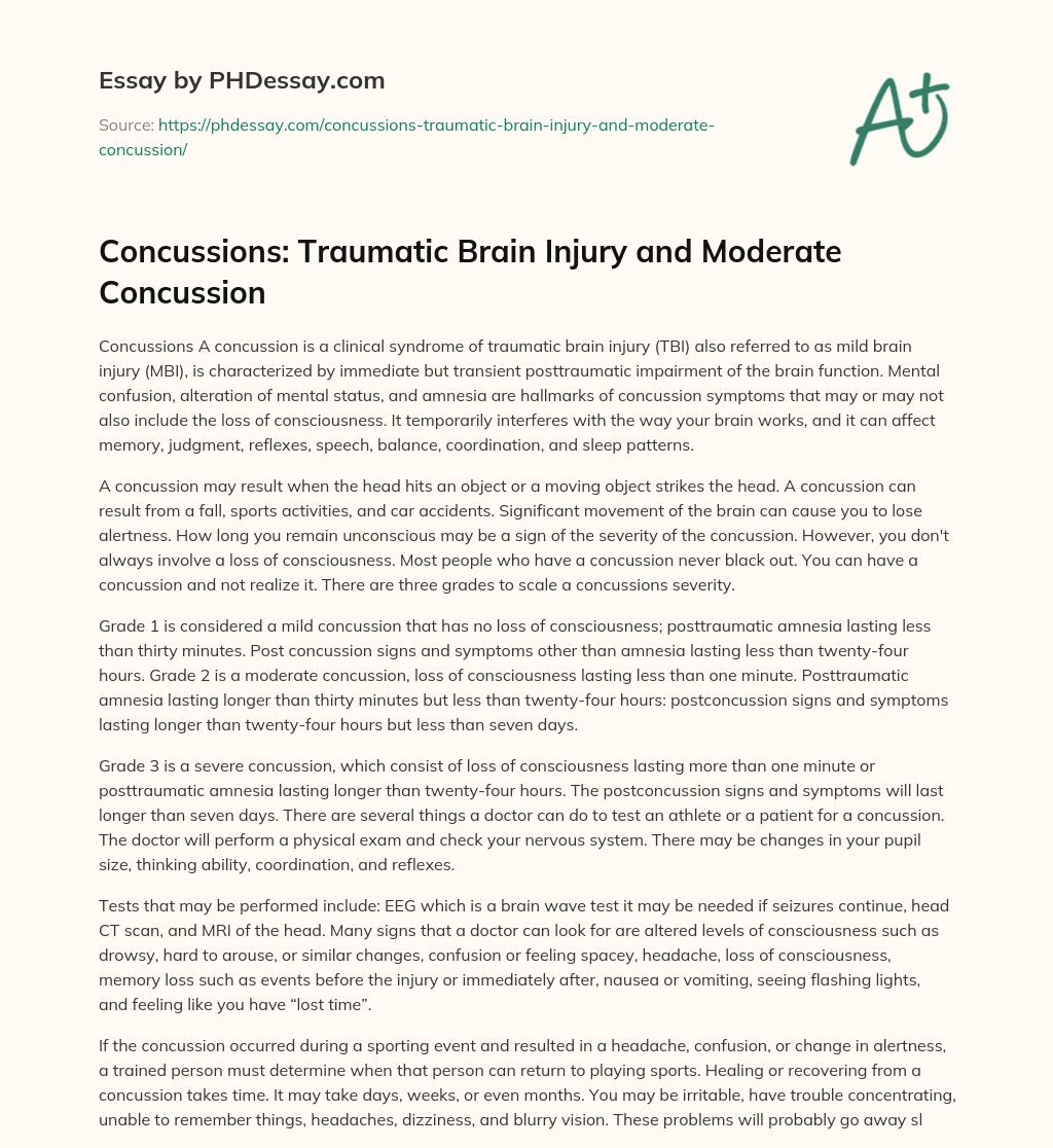 Concussions: Traumatic Brain Injury and Moderate Concussion (600 Words ...