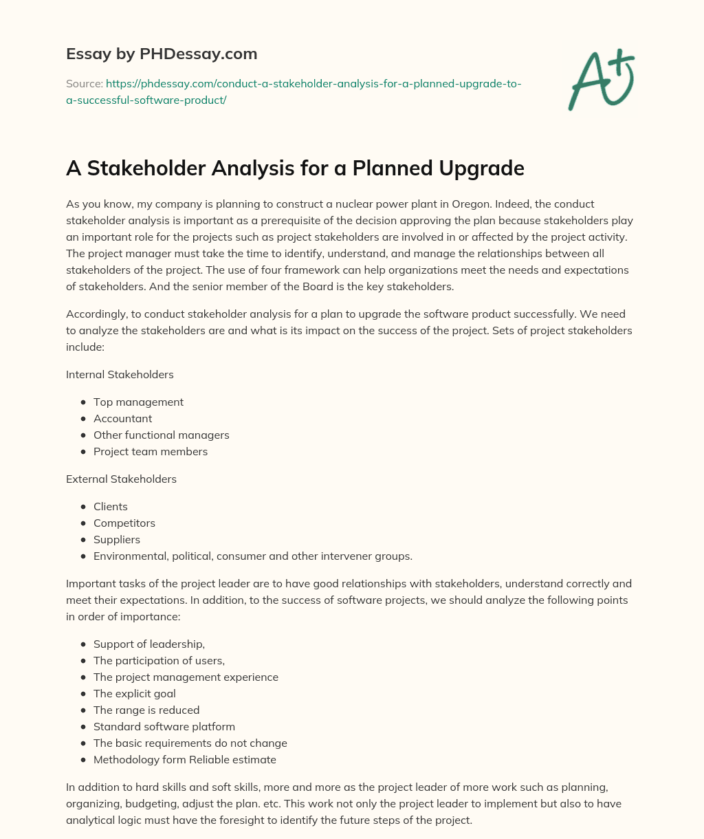 A Stakeholder Analysis for a Planned Upgrade - PHDessay.com