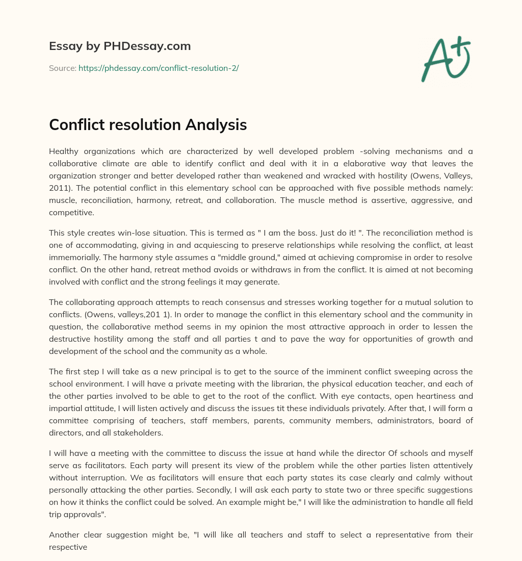 Conflict resolution Analysis - PHDessay.com