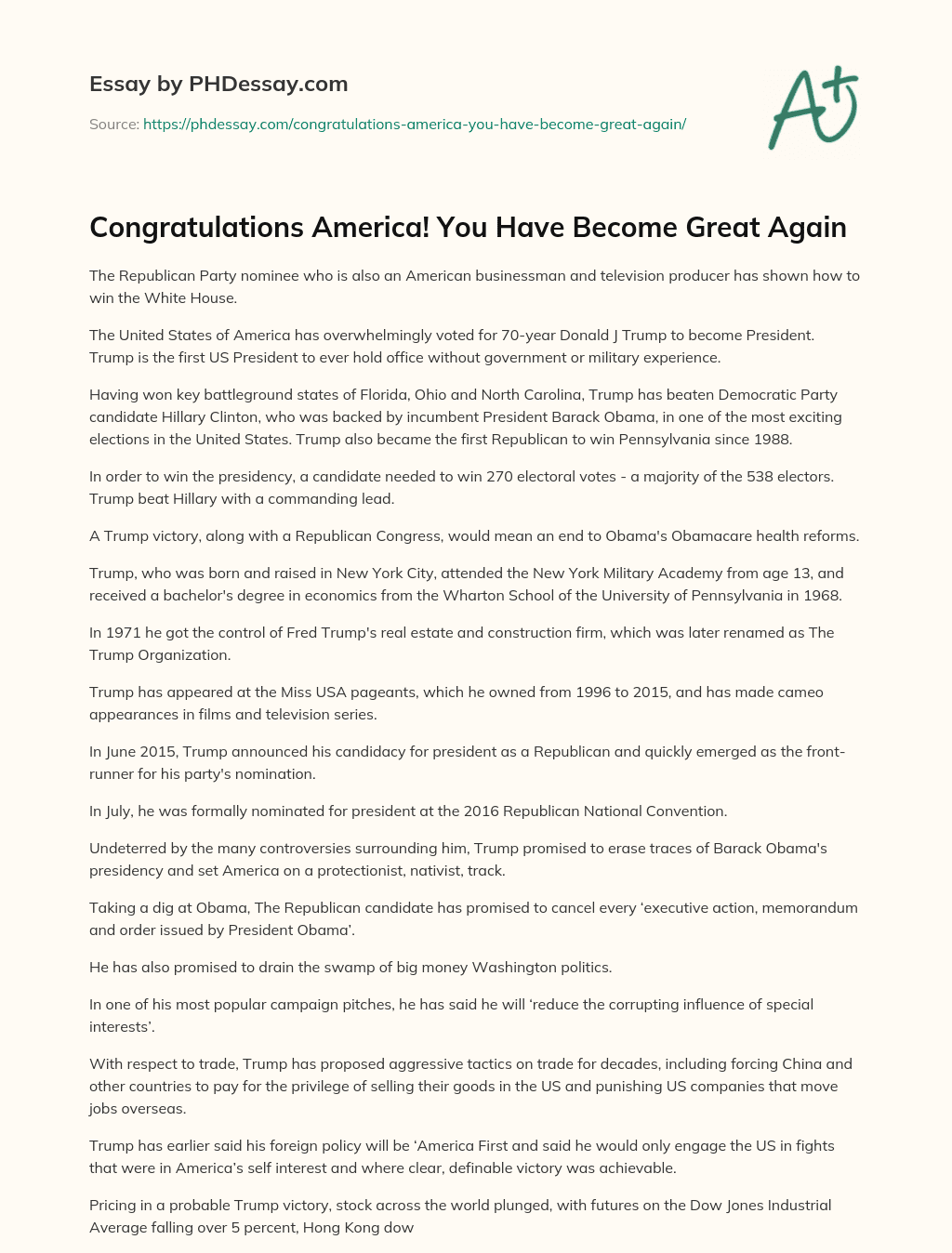 Congratulations America! You Have Become Great Again (400 Words ...