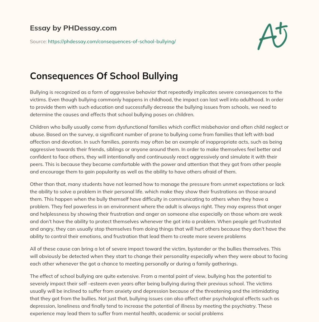 Сonsequences Of School Bullying - PHDessay.com
