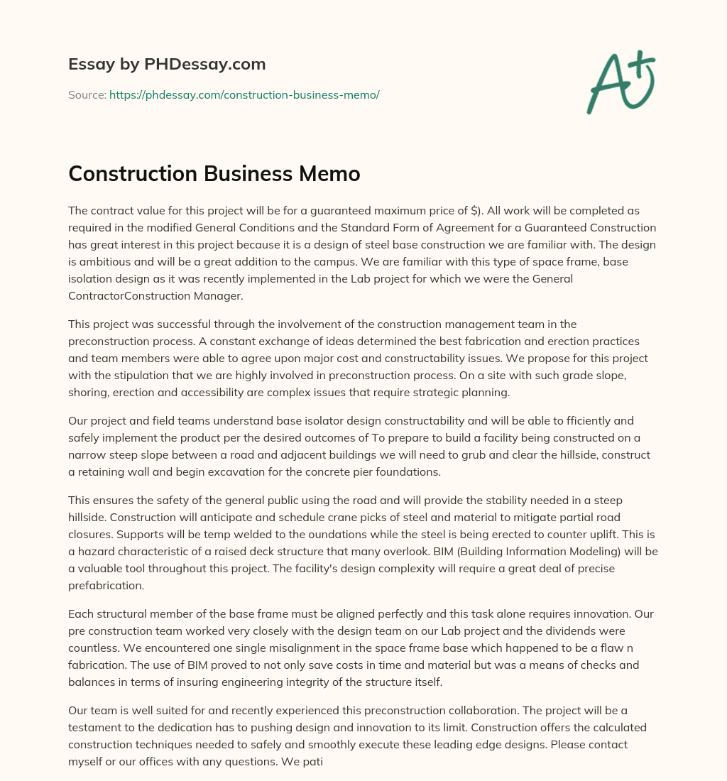 Construction Business Memo (500 Words) - PHDessay.com