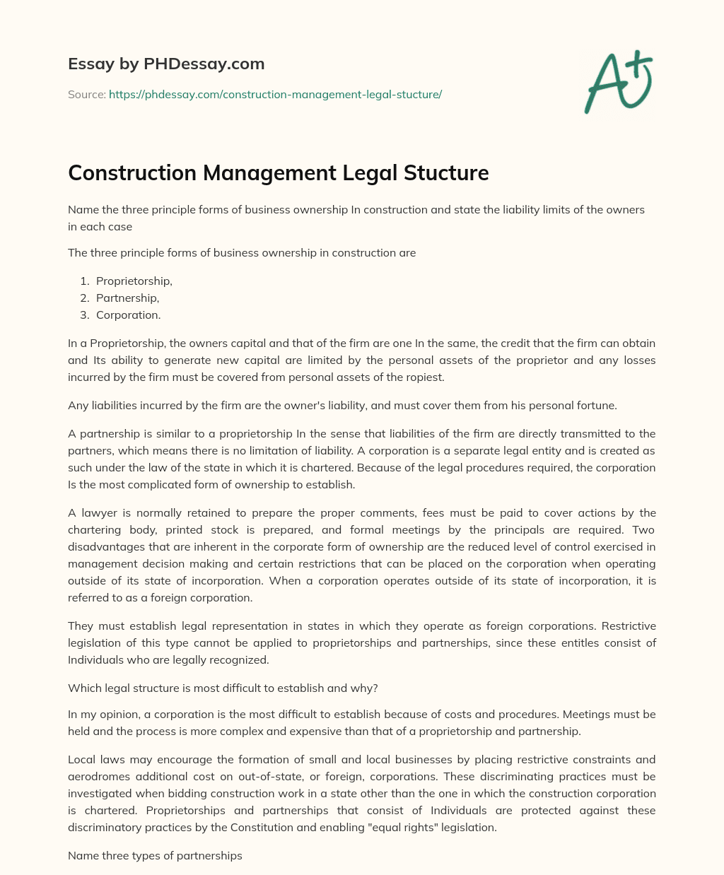 Construction Management Legal Stucture - PHDessay.com