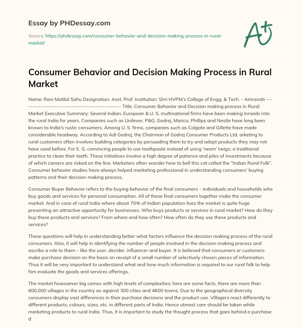Consumer Behavior and Decision Making Process in Rural Market - PHDessay.com