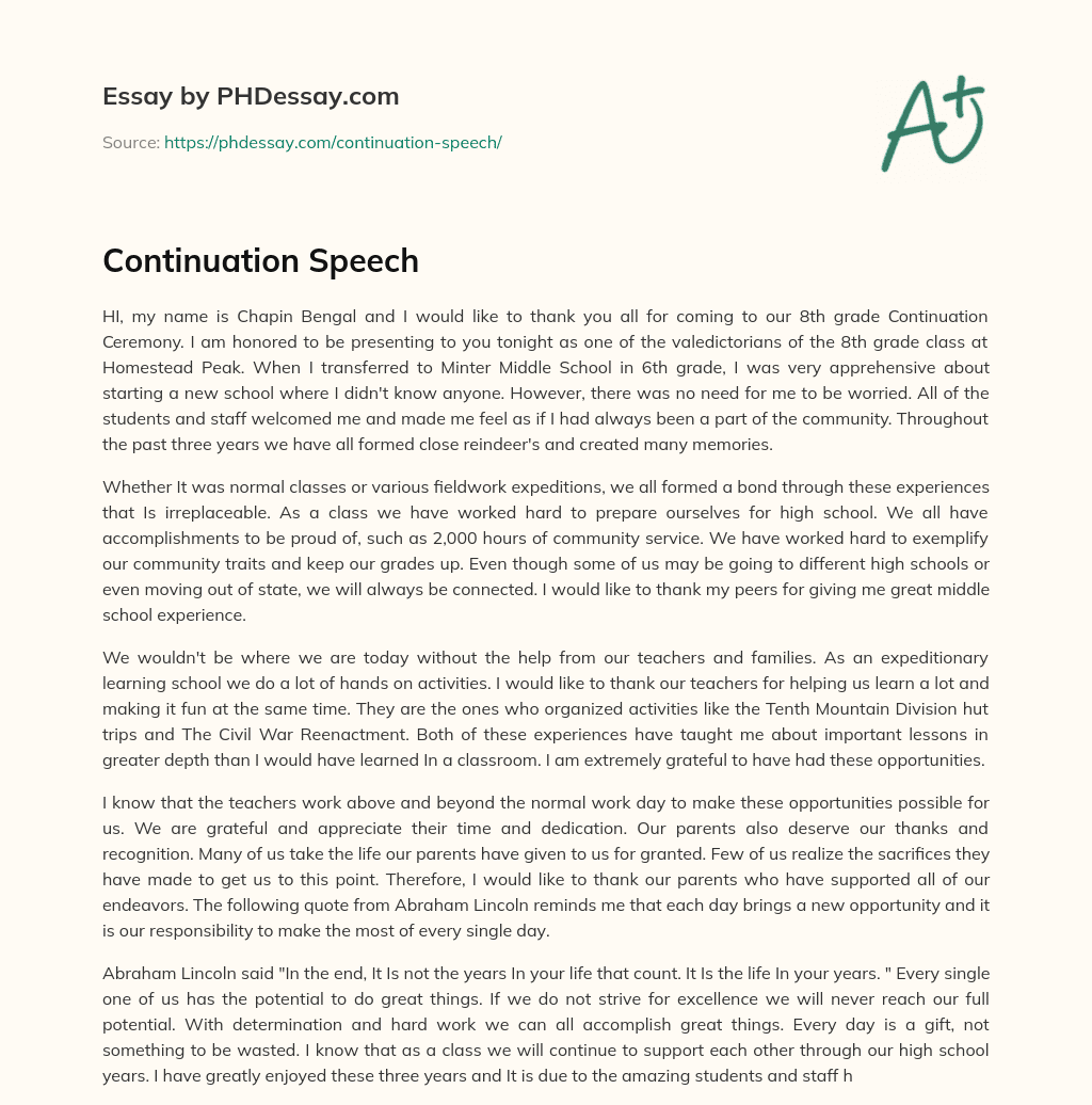 Continuation Speech - PHDessay.com