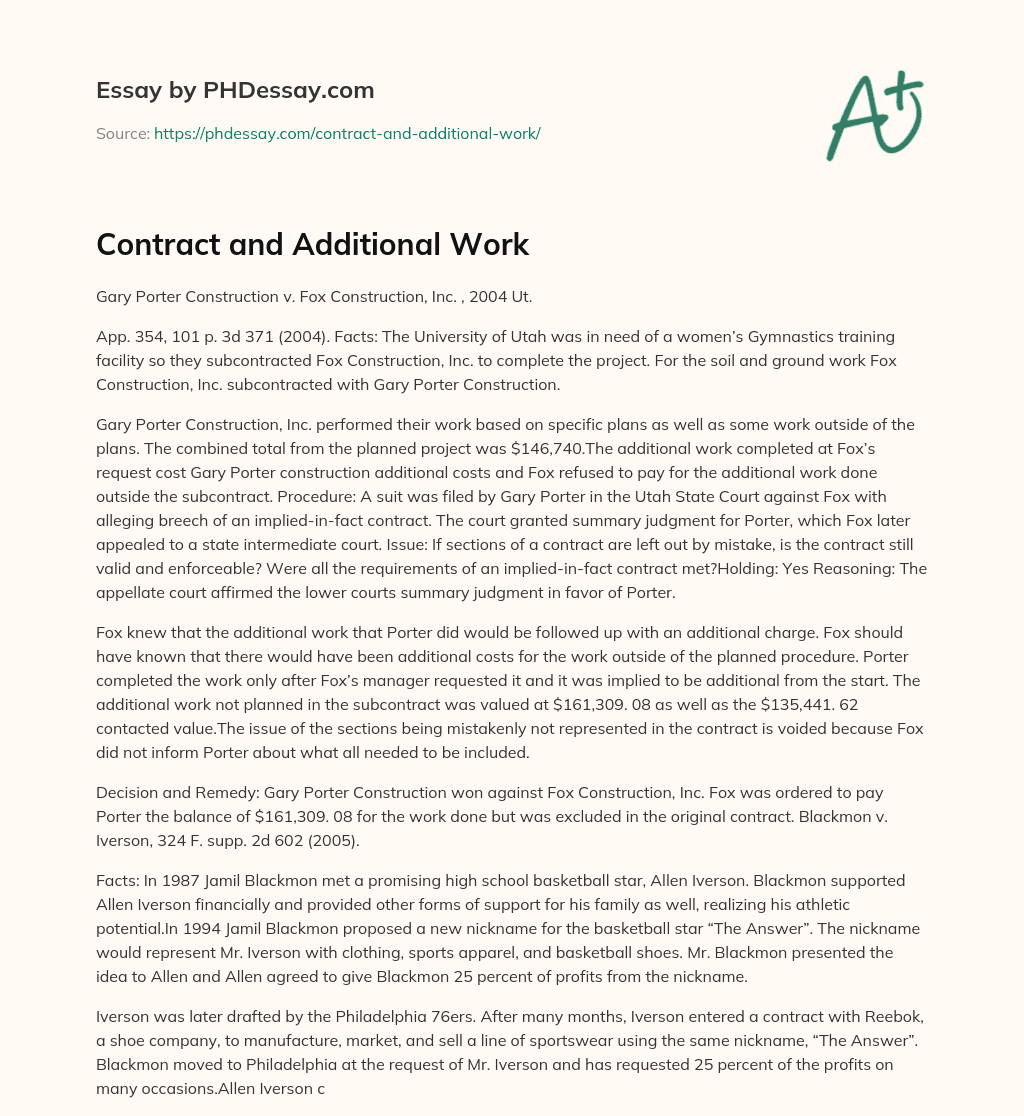 Contract and Additional Work - PHDessay.com