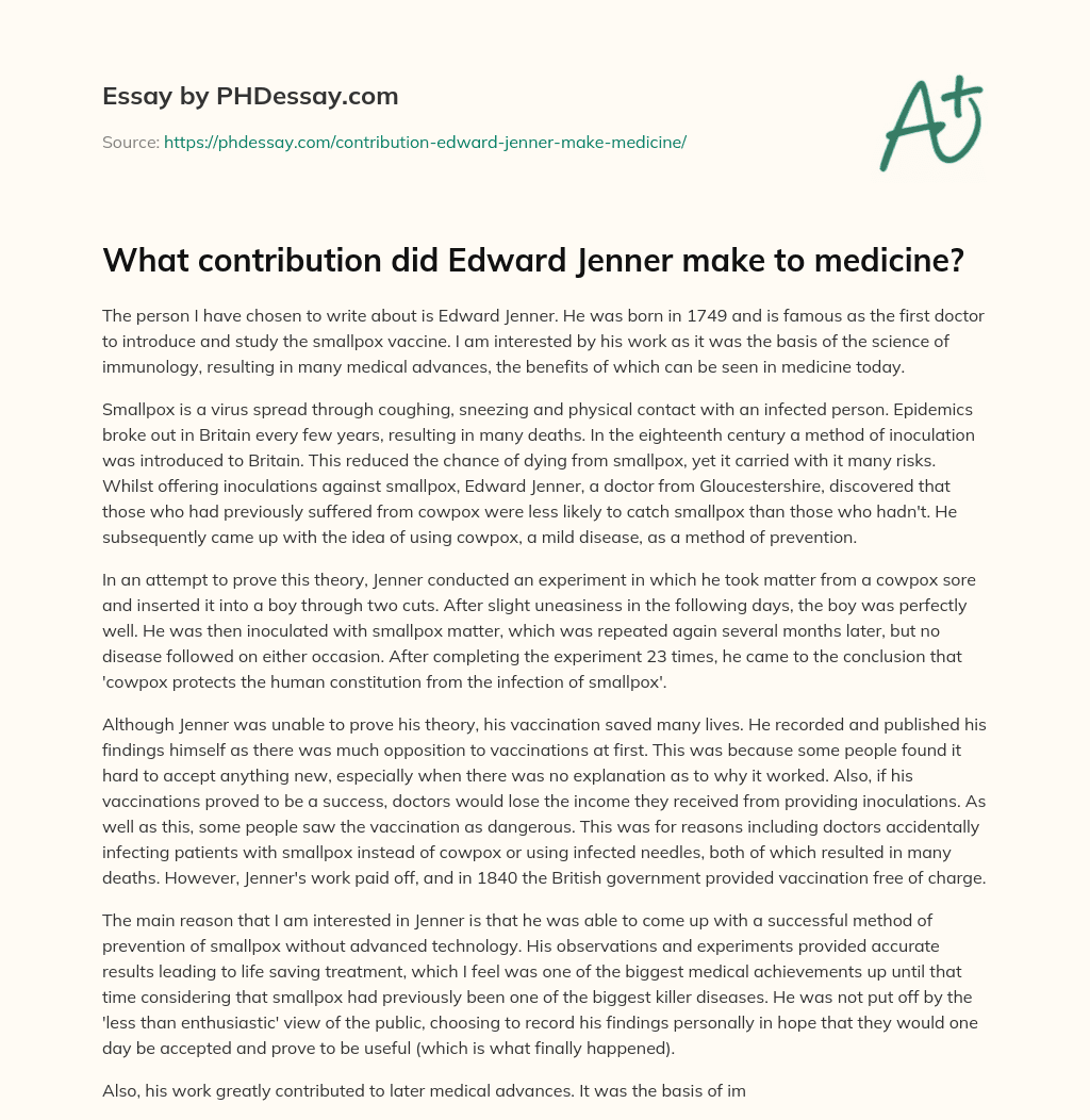 What contribution did Edward Jenner make to medicine? (600 Words ...