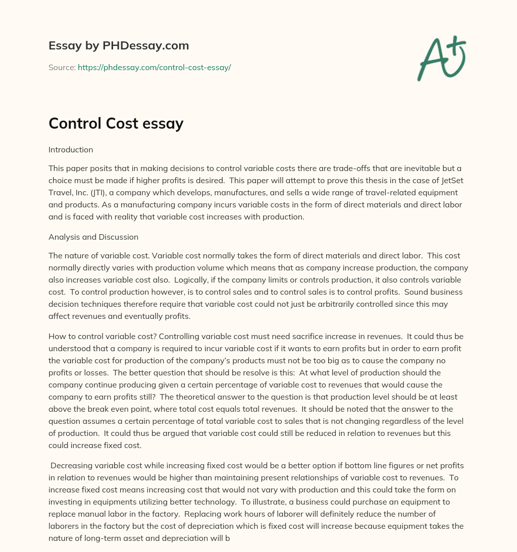 Control Cost essay - PHDessay.com