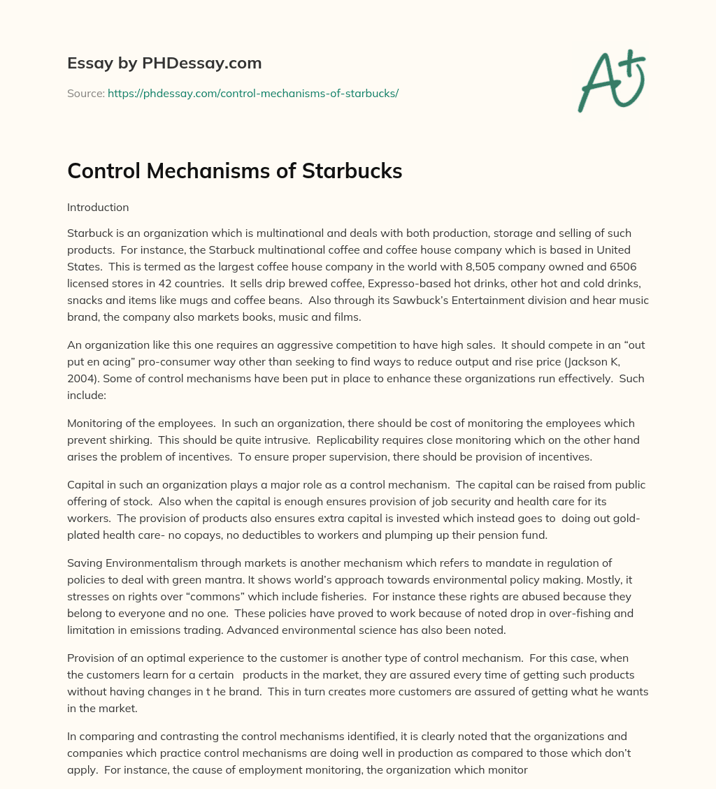 Control Mechanisms of Starbucks - PHDessay.com