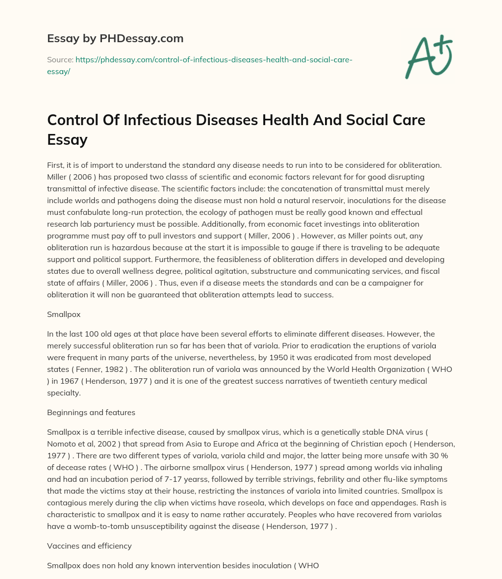 Control Of Infectious Diseases Health And Social Care Essay - PHDessay.com
