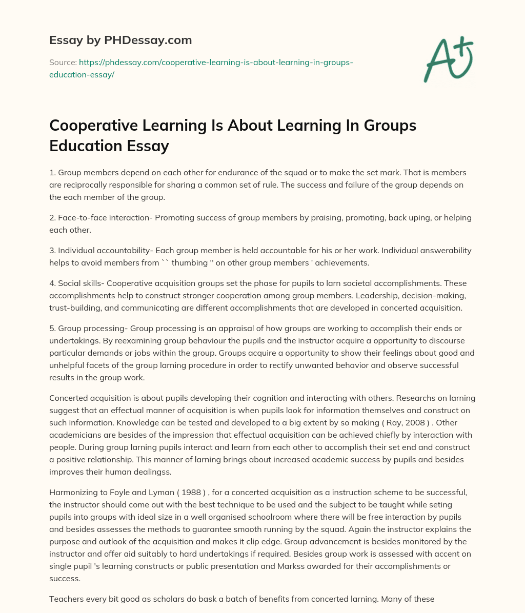 Cooperative Learning Is About Learning In Groups Education Essay ...