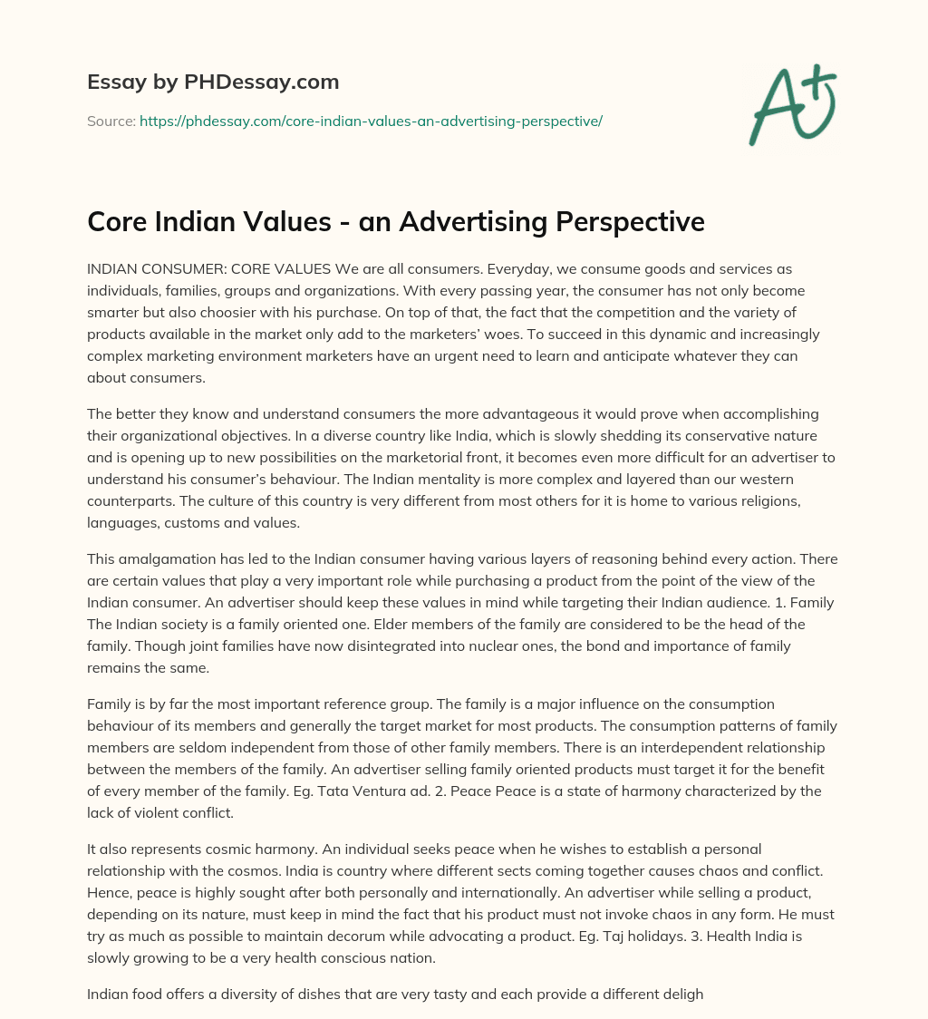 Core Indian Values - an Advertising Perspective - PHDessay.com
