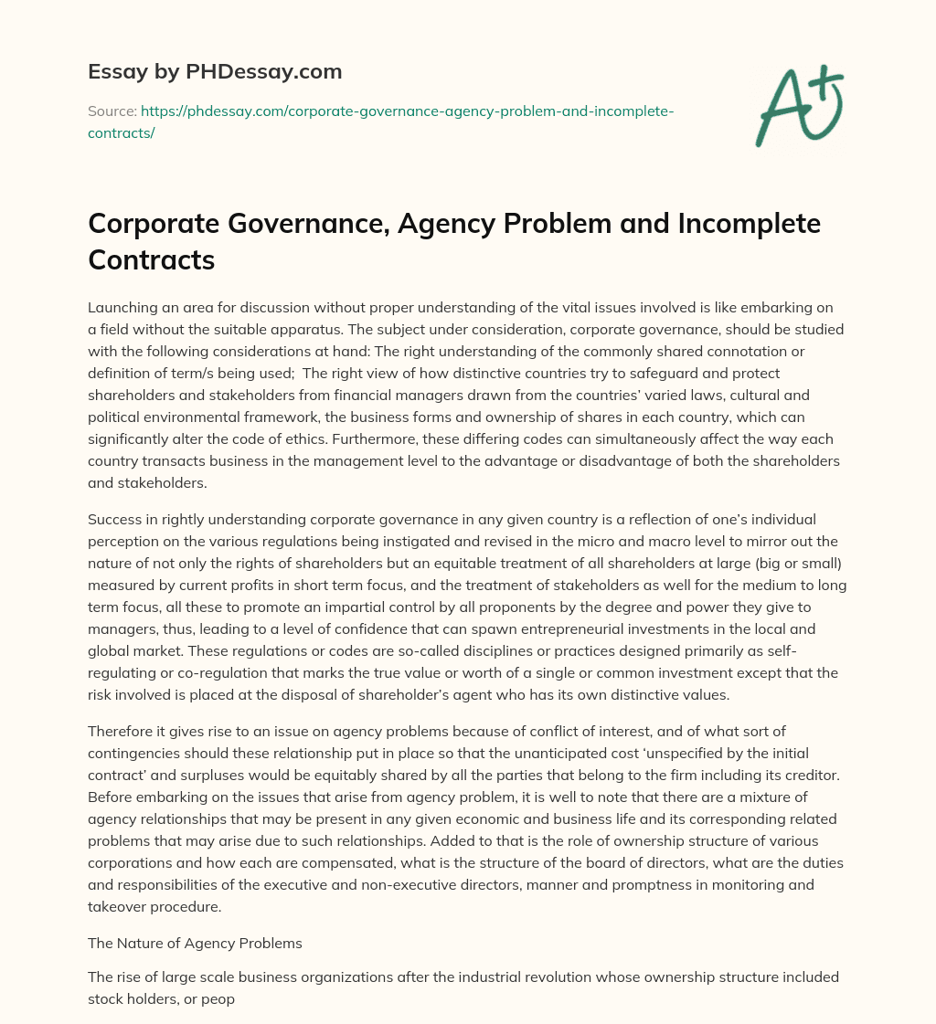 Corporate Governance, Agency Problem and Incomplete Contracts ...