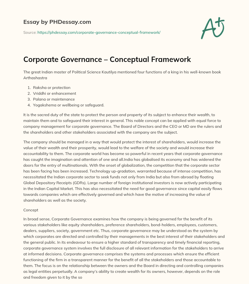 Corporate Governance – Conceptual Framework - PHDessay.com