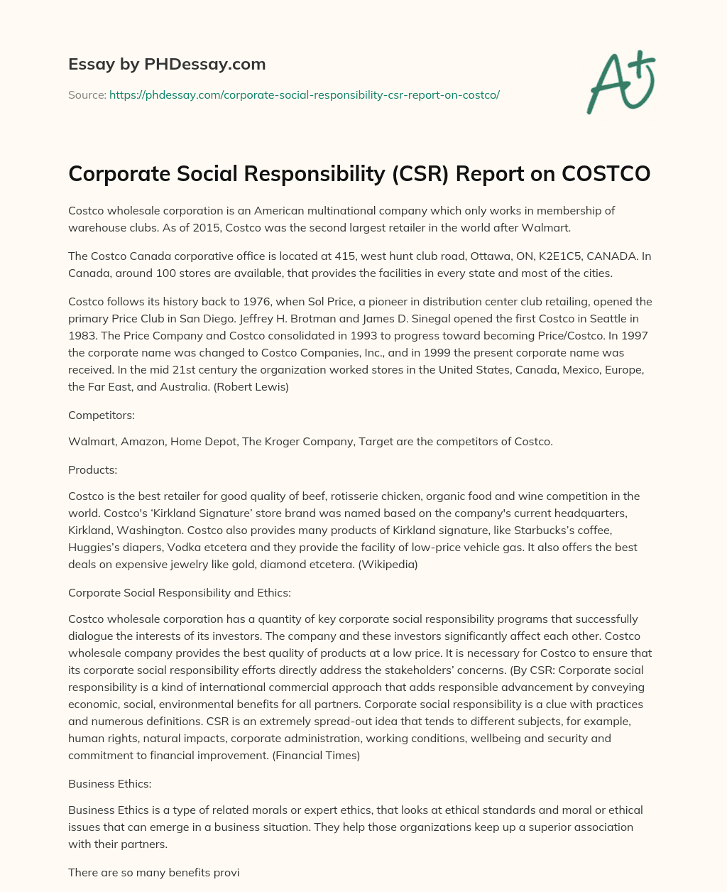 Corporate Social Responsibility (CSR) Report on COSTCO - PHDessay.com