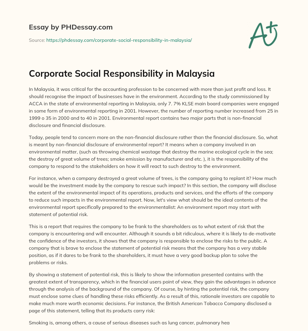 Corporate Social Responsibility in Malaysia - PHDessay.com