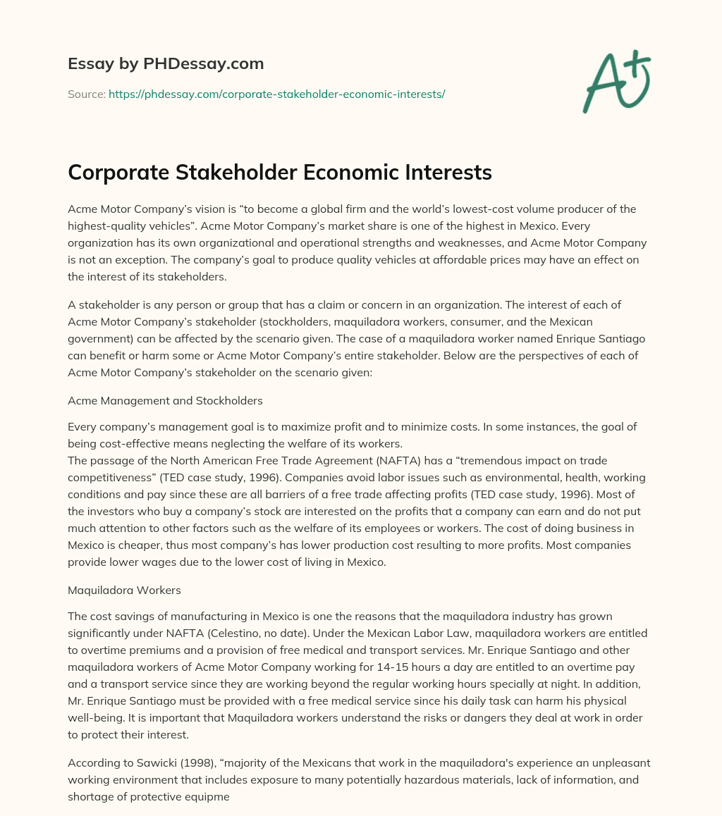 Corporate Stakeholder Economic Interests - PHDessay.com