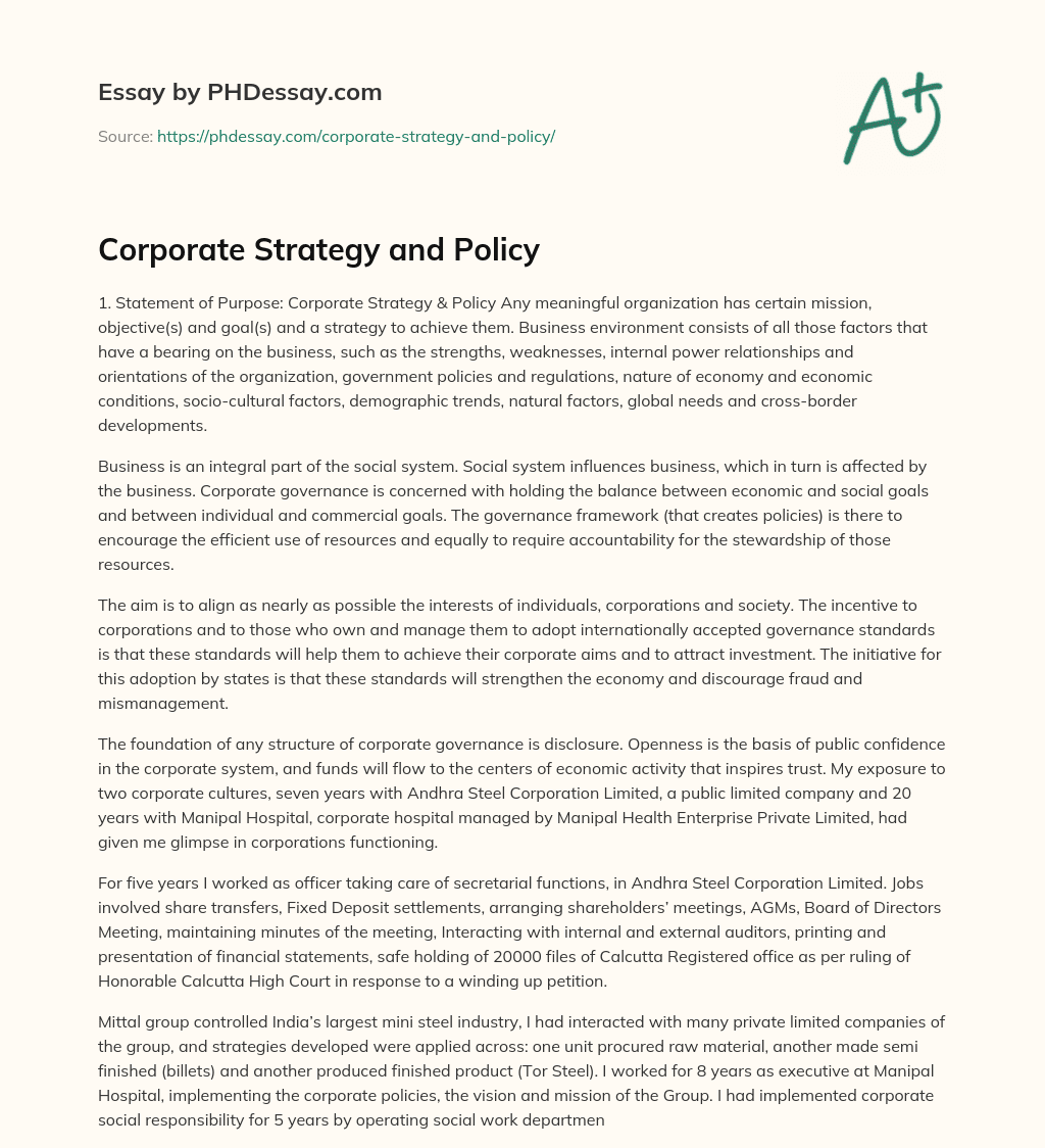Corporate Strategy and Policy (600 Words) - PHDessay.com