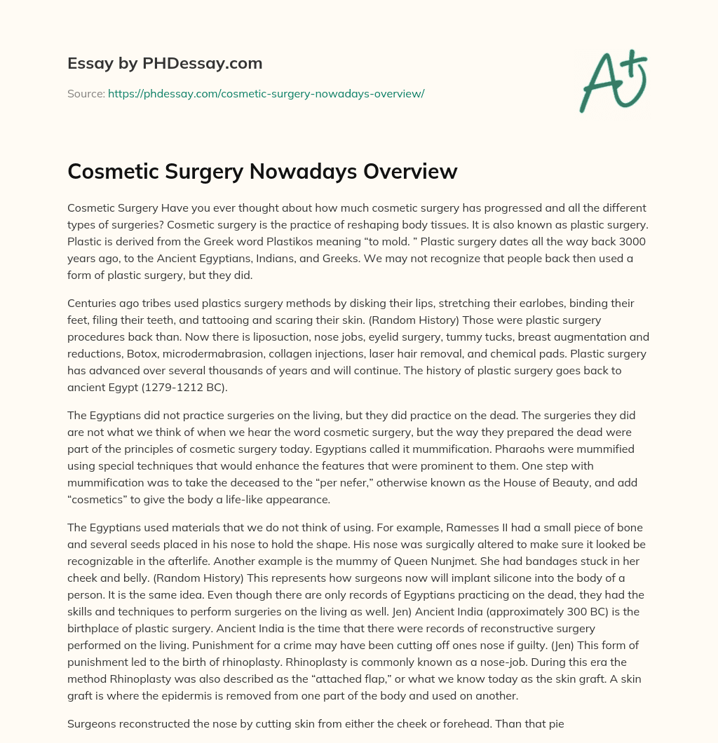 Cosmetic Surgery Nowadays Overview - PHDessay.com