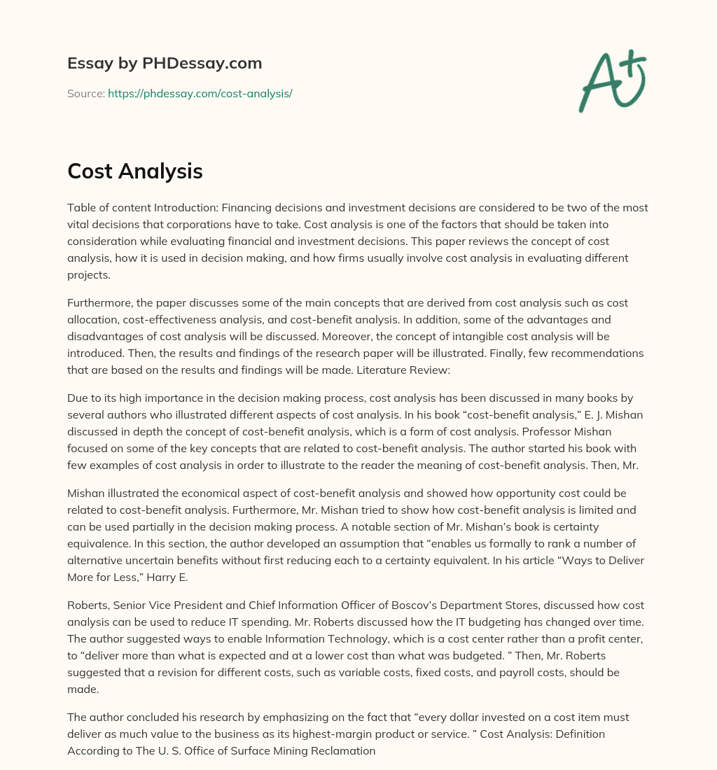 Cost Analysis - PHDessay.com