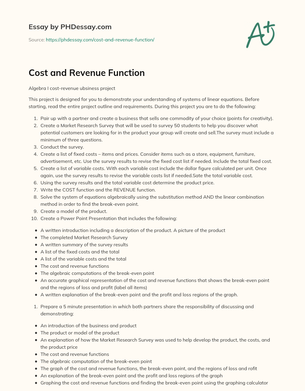 Cost and Revenue Function (500 Words) - PHDessay.com