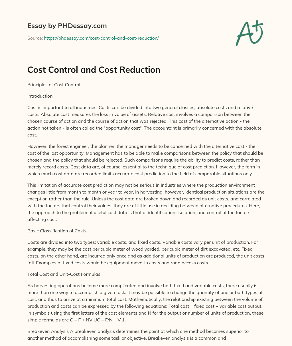 Cost Control and Cost Reduction - PHDessay.com