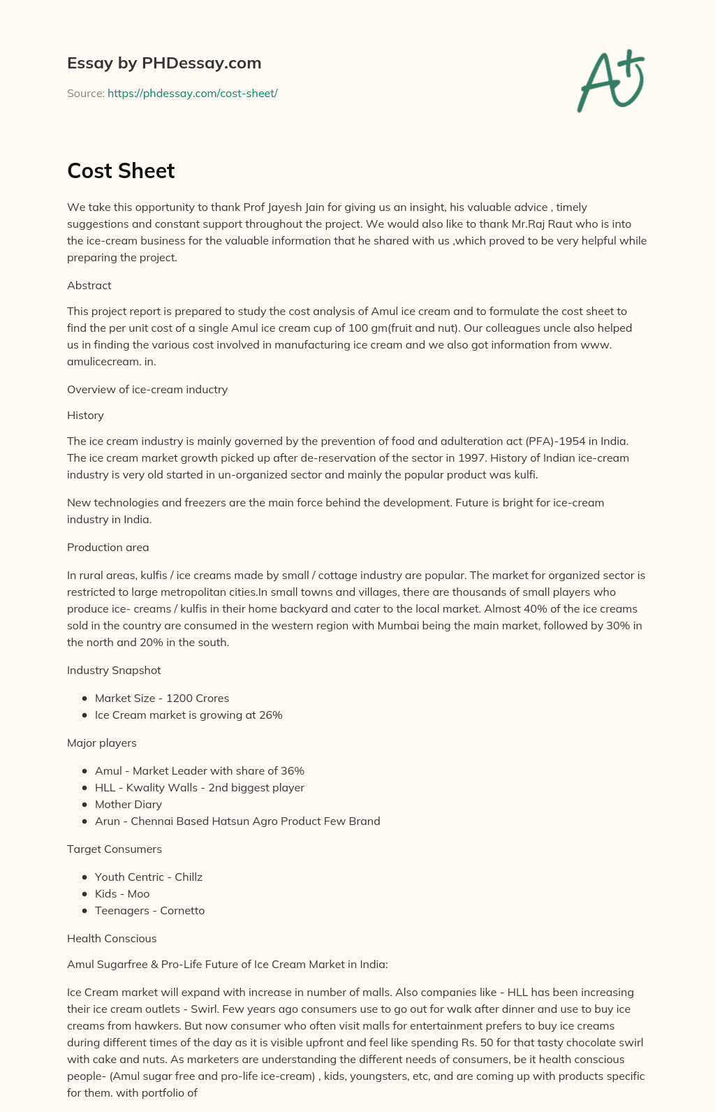 Cost Sheet Analysis Example - PHDessay.com