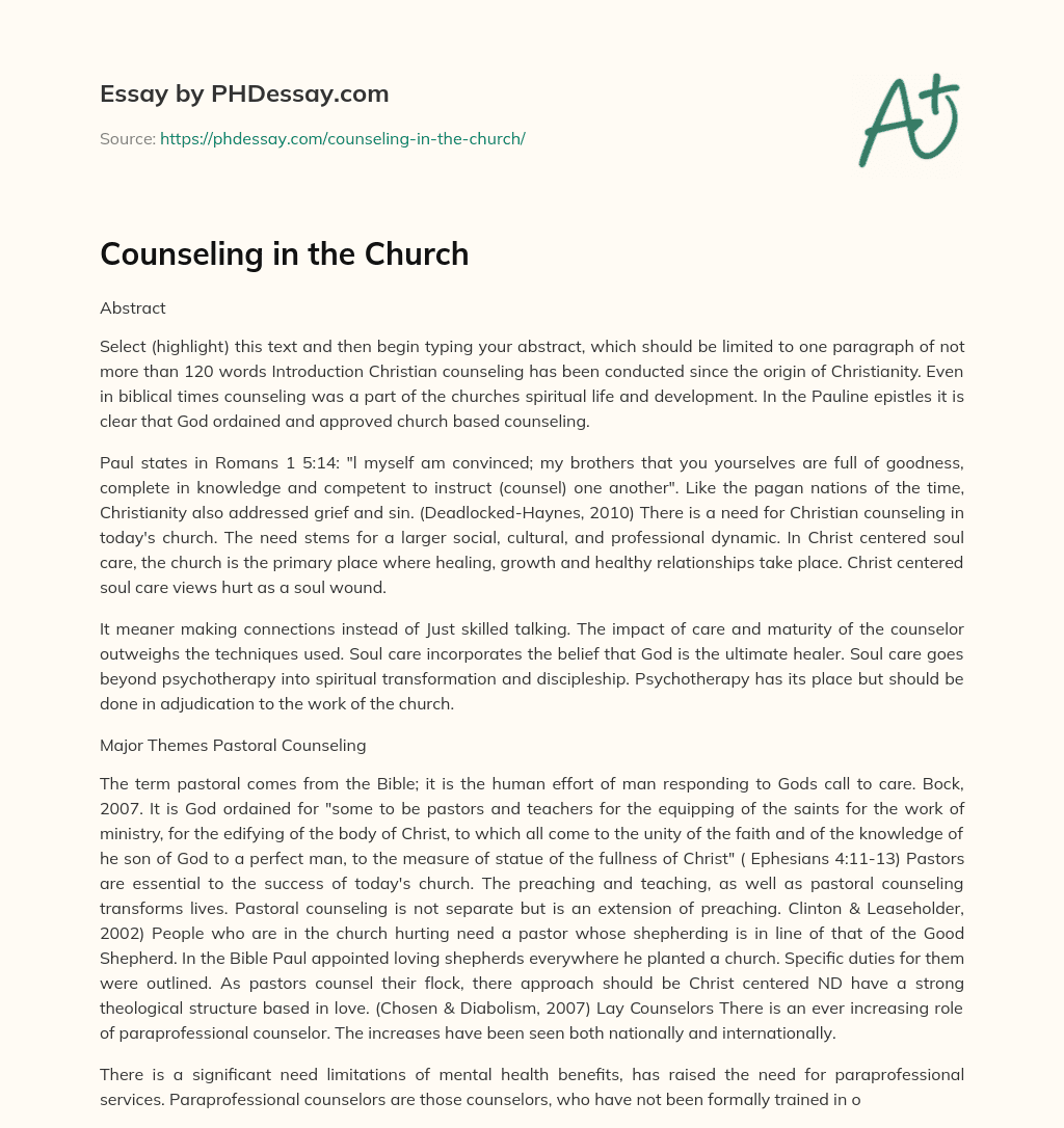 Counseling in the Church - PHDessay.com