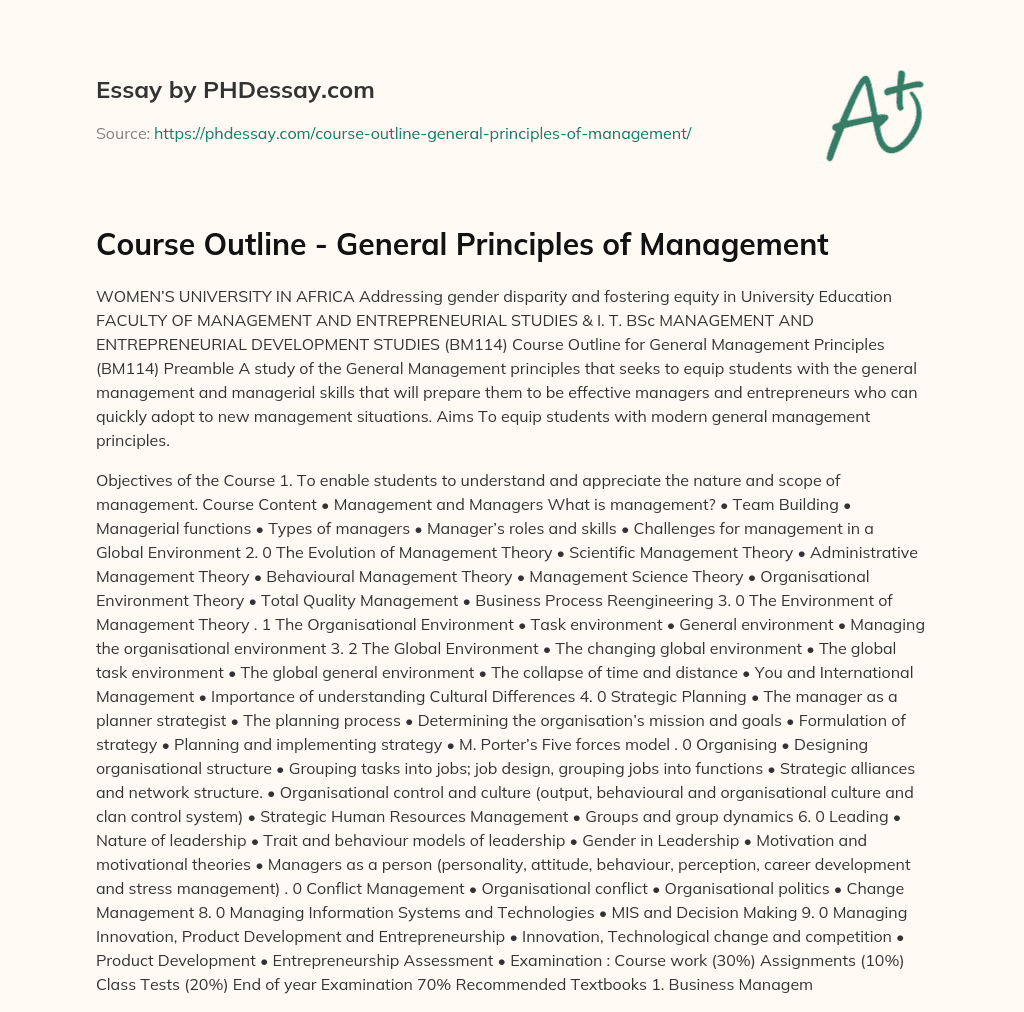 Course Outline - General Principles of Management (500 Words ...