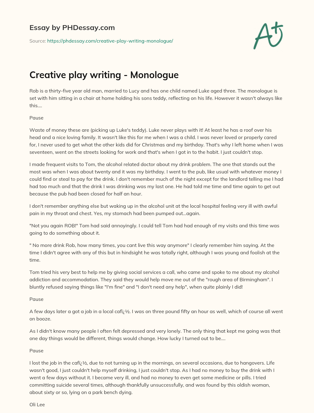 Creative play writing - Monologue - PHDessay.com