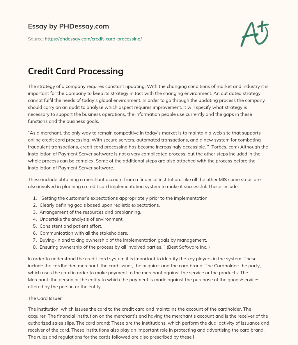 Credit Card Processing Thesis Example - PHDessay.com
