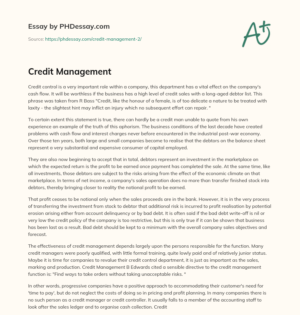 Credit Management Essay Example - PHDessay.com
