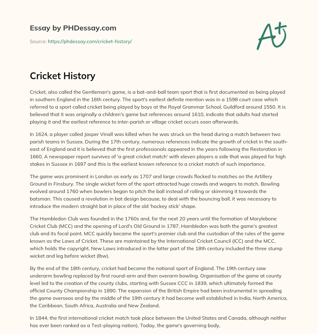 Cricket History - PHDessay.com